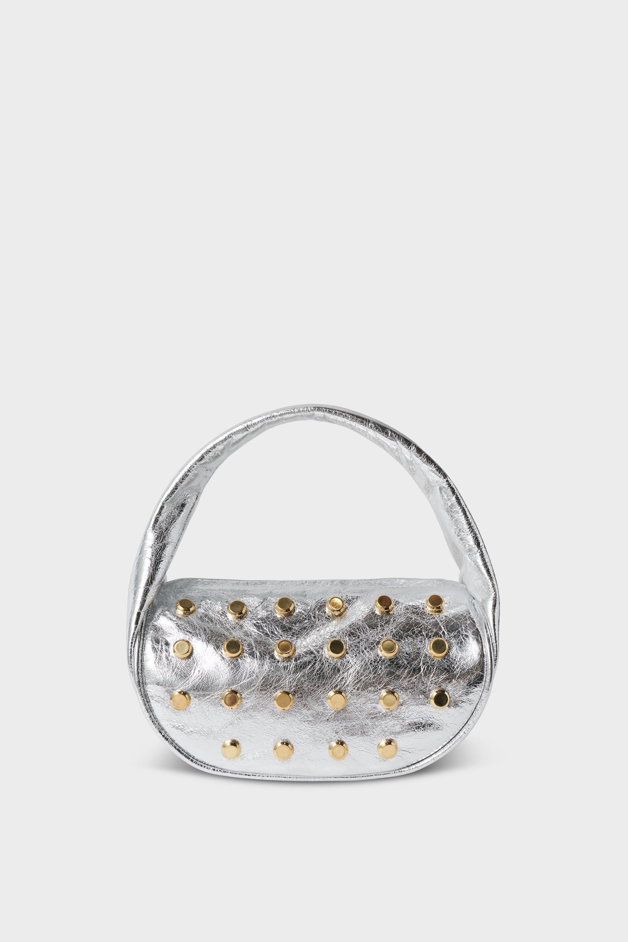 Studded Halo Mini Clutch Bag in Metallic Silver | A-ESQUE